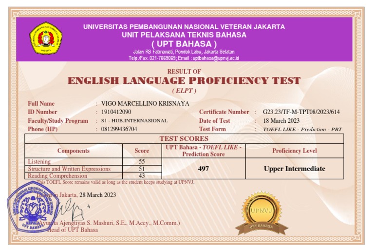 UPNVJ English Proficiency Test Result | PDF