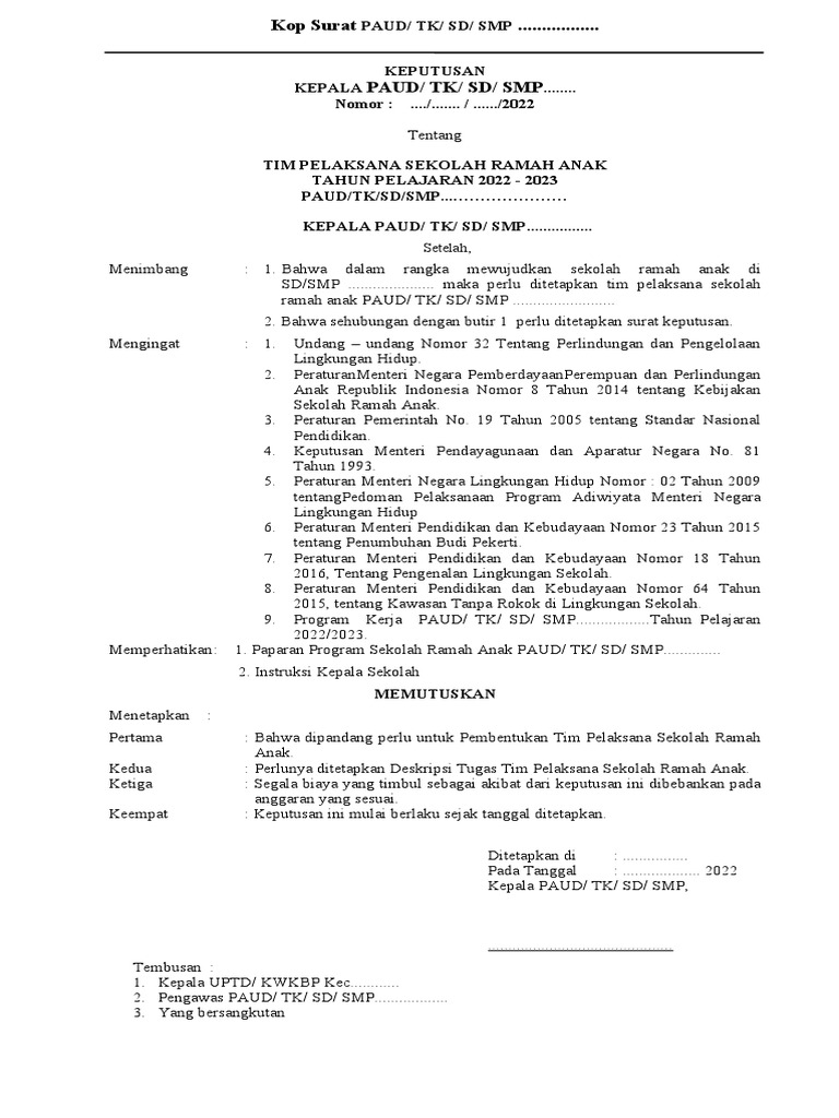 CONTOH SK TIM SEKOLAH RAMAH ANAK - SRA.docx | PDF