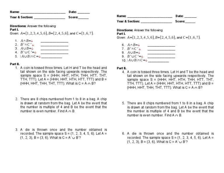 Grade 10 Union, Intersection, Complement Worksheet | PDF