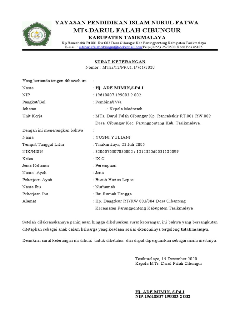 SURAT KETERANGAN Tidak Mamapu 2021 Yusni Yuliani | PDF
