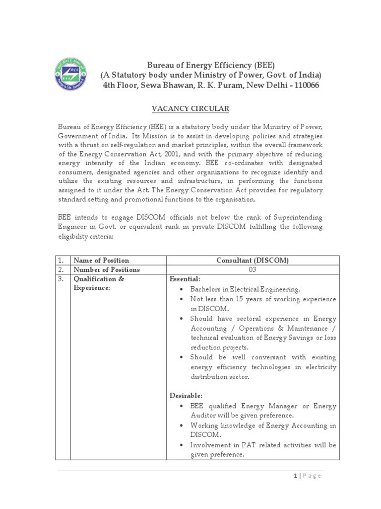 BEE - Vacancy Circular For Consultant (DISCOM) 2023 | PDF | Efficient Energy Use | Energy ...