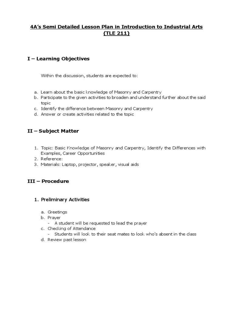 4a's Lesson Plan | PDF | Carpentry | Masonry