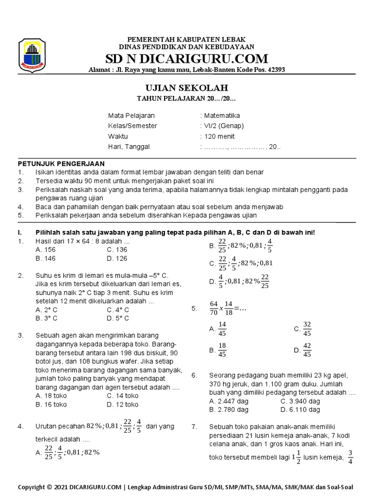 Soal US Matematika Kelas 6 Tahun 2023 | PDF