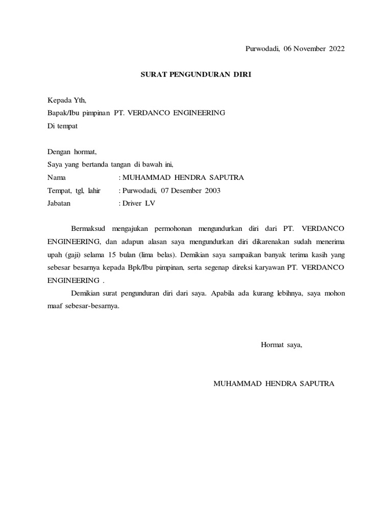 Surat Pengunduran Diri M. Hendra Saputra | PDF