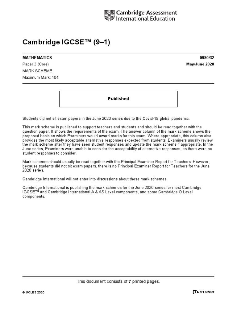Cambridge Igcse™ 9 1 Mathematics 0980 32 May June 2020 Pdf Equations Mathematics