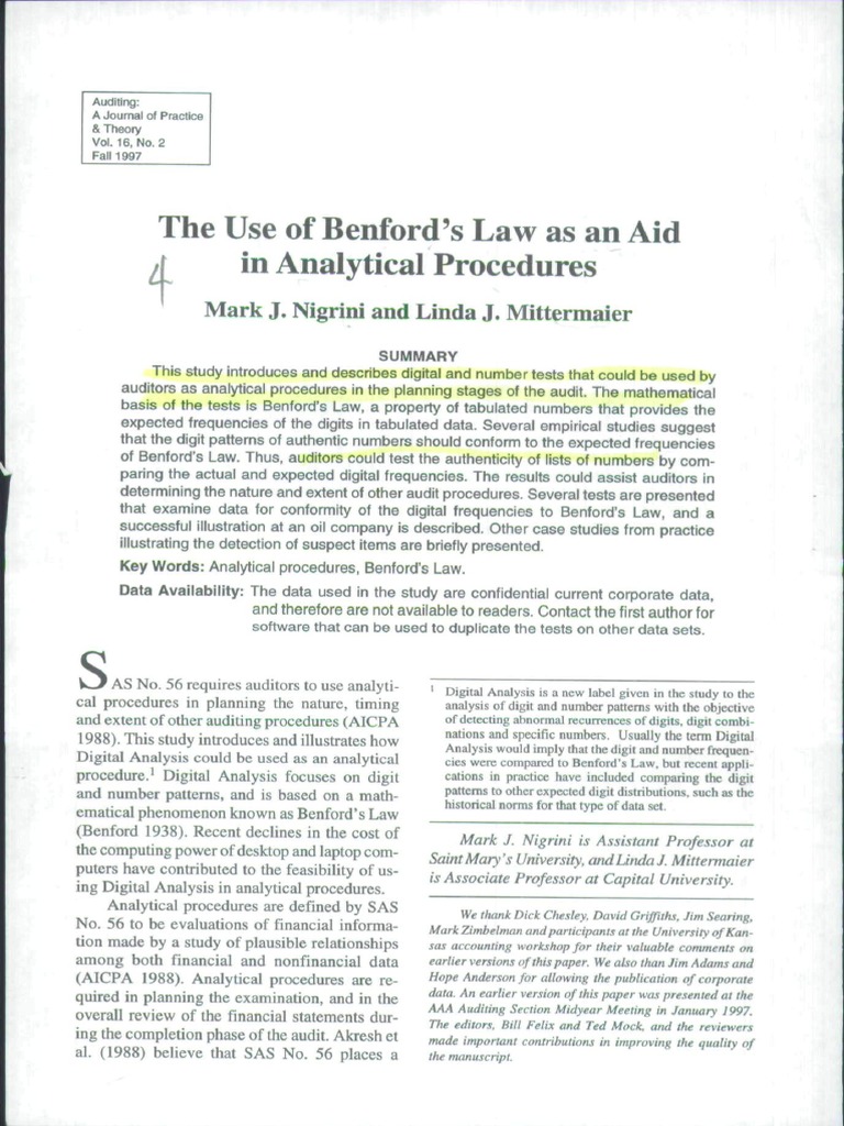 The Use of Benford's Law As An Aid in Analytical Procedures PDF | PDF The Use of Benford's Law As An Aid in Analytical Procedures PDF | PDF