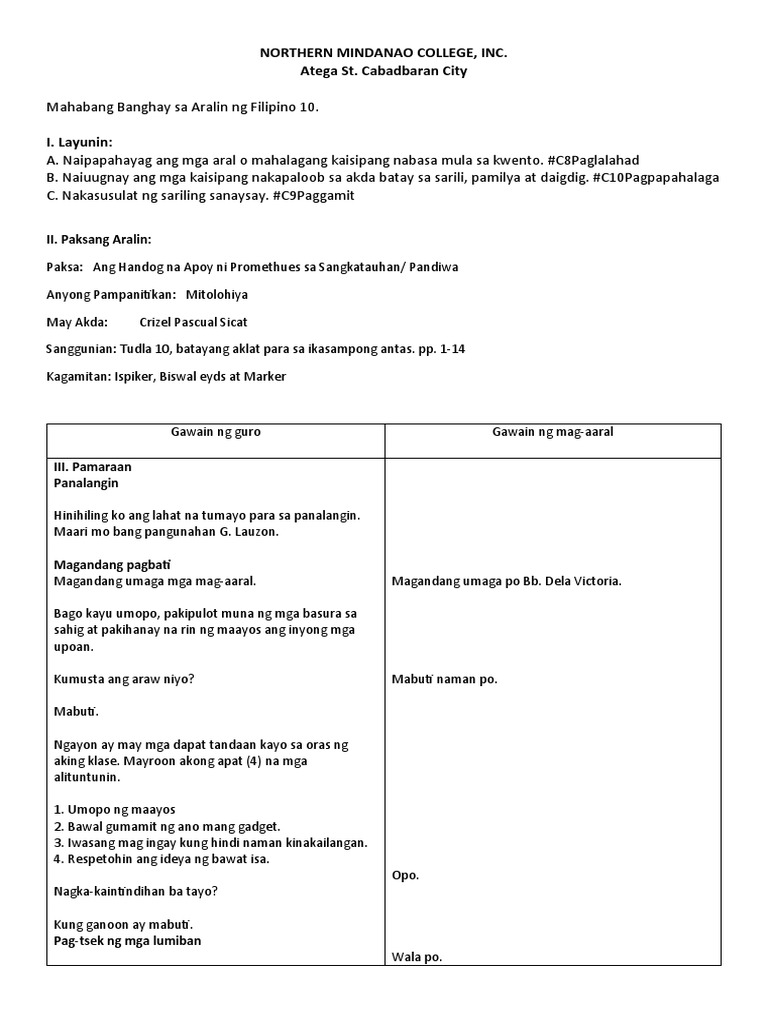 Ang Handog Na Apoy Ni Prometheus Sa Sangkatauhan/Datailed Lesson Plan ...
