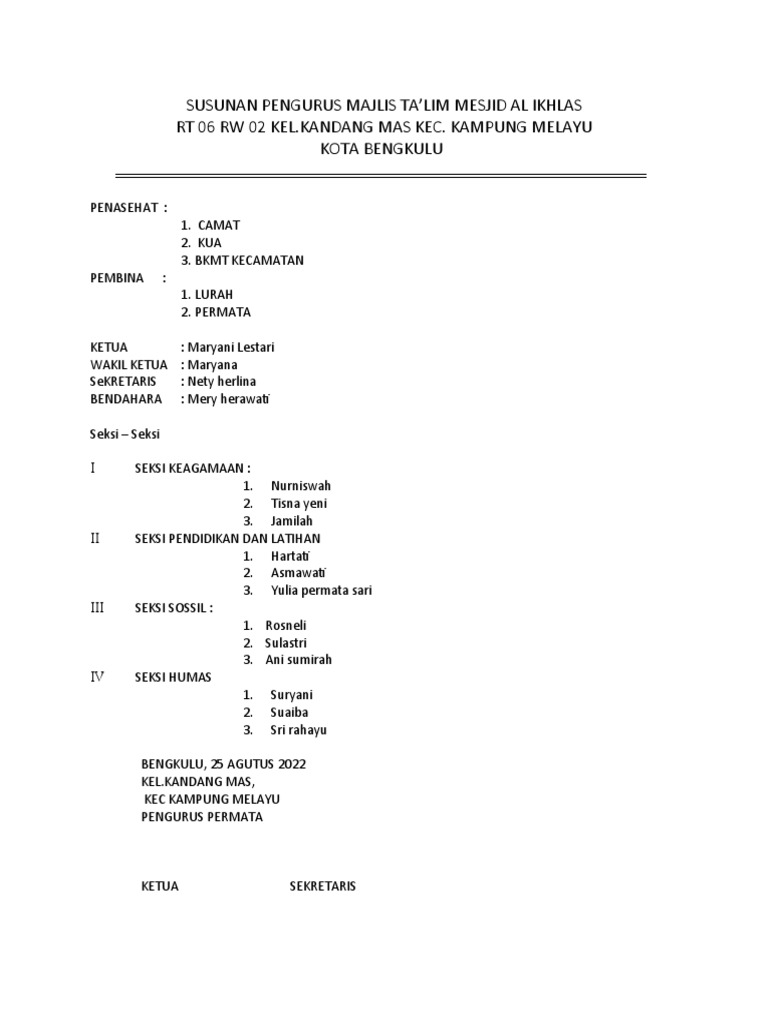 Pengurus Majlis Ta'lim Mesjid Al Ikhlas | PDF