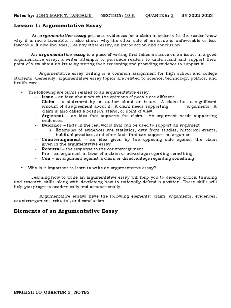 Notes on Argumentative Essays and Informative Writing | PDF | Feminism ...