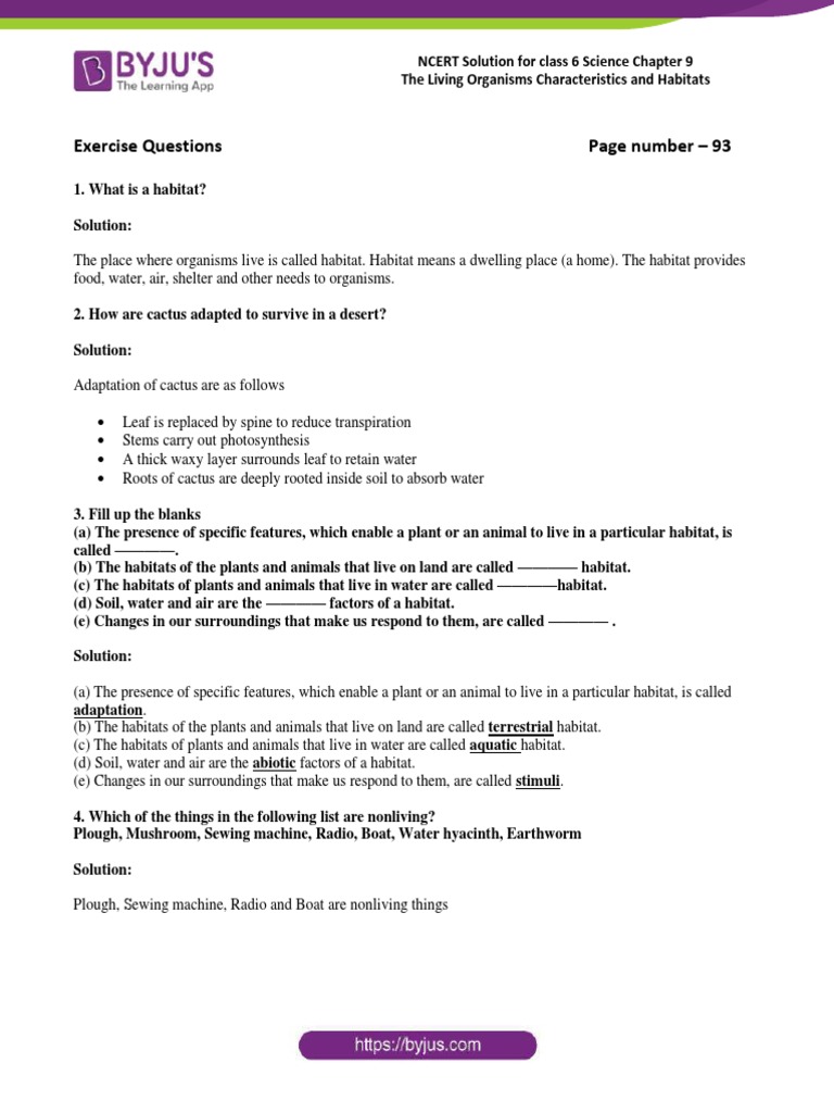 Ncert Solutions Mar3 For Cbse Class 6 Science Chapter 9 | PDF | Habitat ...