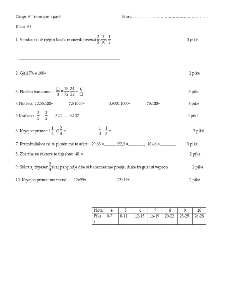 Test Tremujori I Grupi A Matematika 6 | PDF