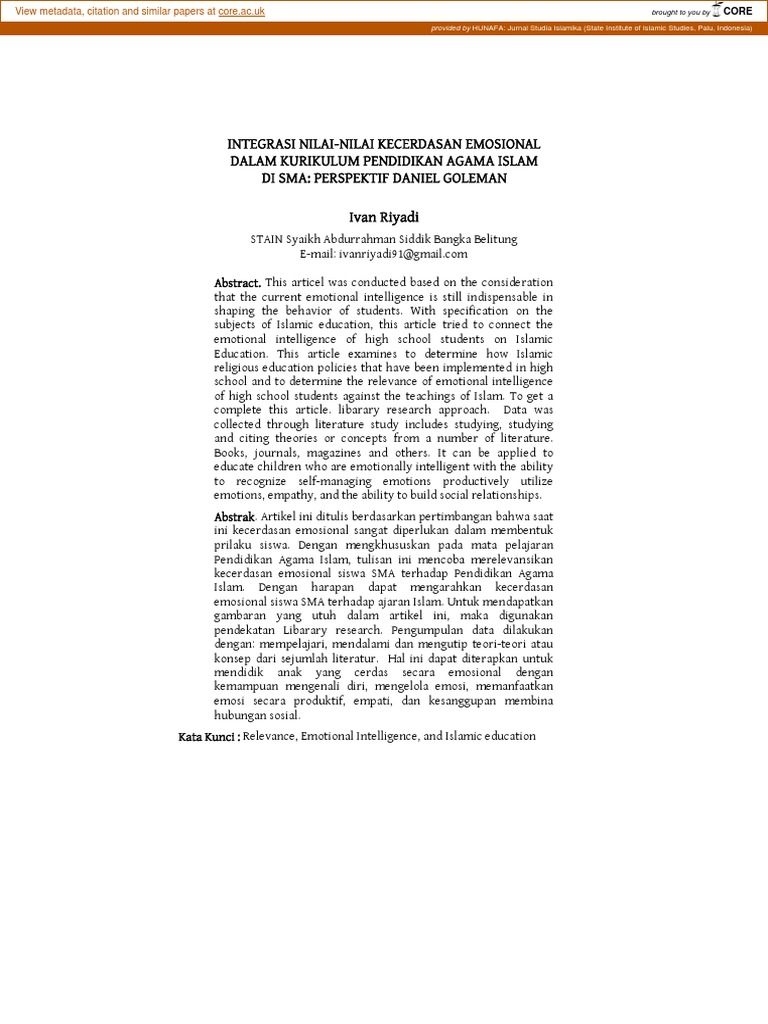 Integrasi Nilai-Nilai Kecerdasan Emosional Dalam Kurikulum Pendidikan Agama Islam Di Sma ...