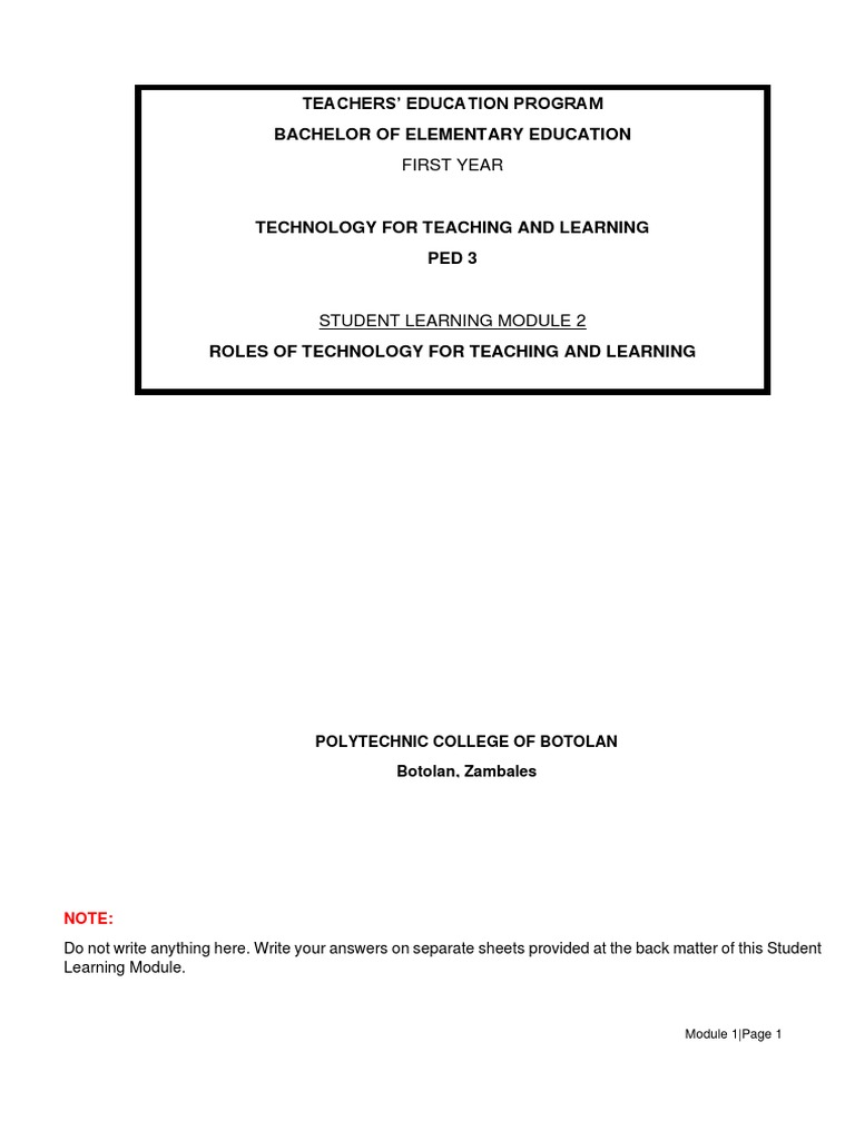 Module 2 PED3 Roles of Technology For Teaching and Learning | PDF
