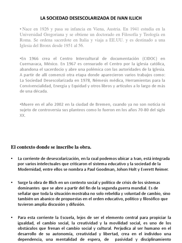 La Sociedad Desescolarizada de Ivan Illich PDF | PDF | Salud y bienestar