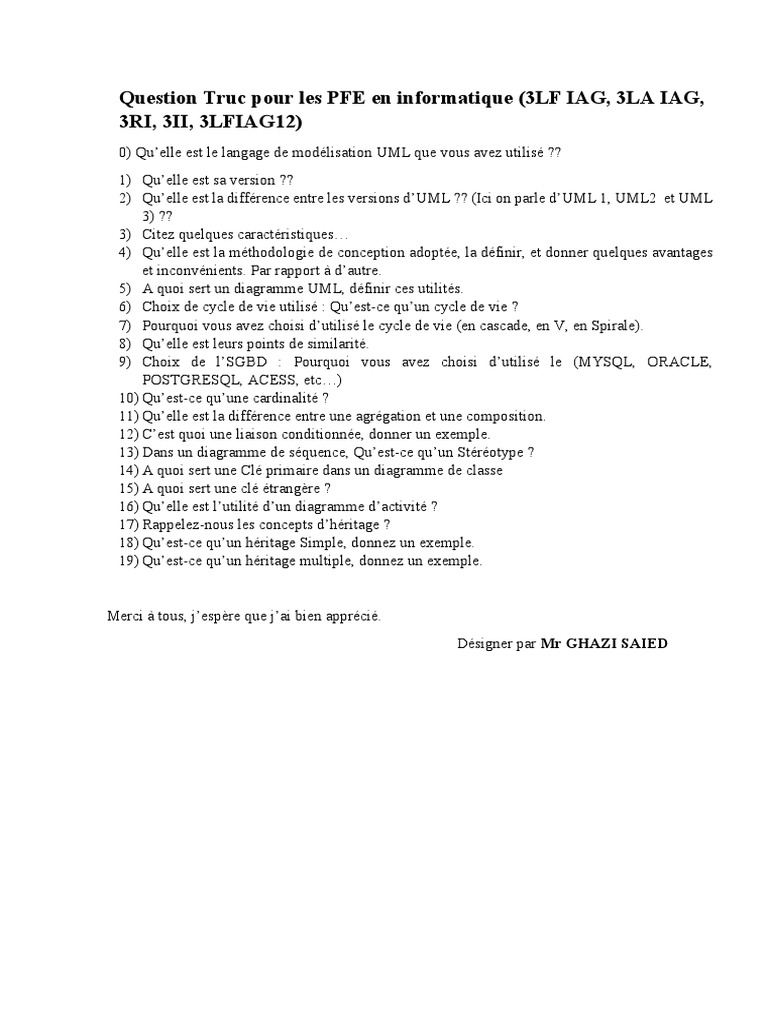 Questions Truc Pour PFE PDF | PDF