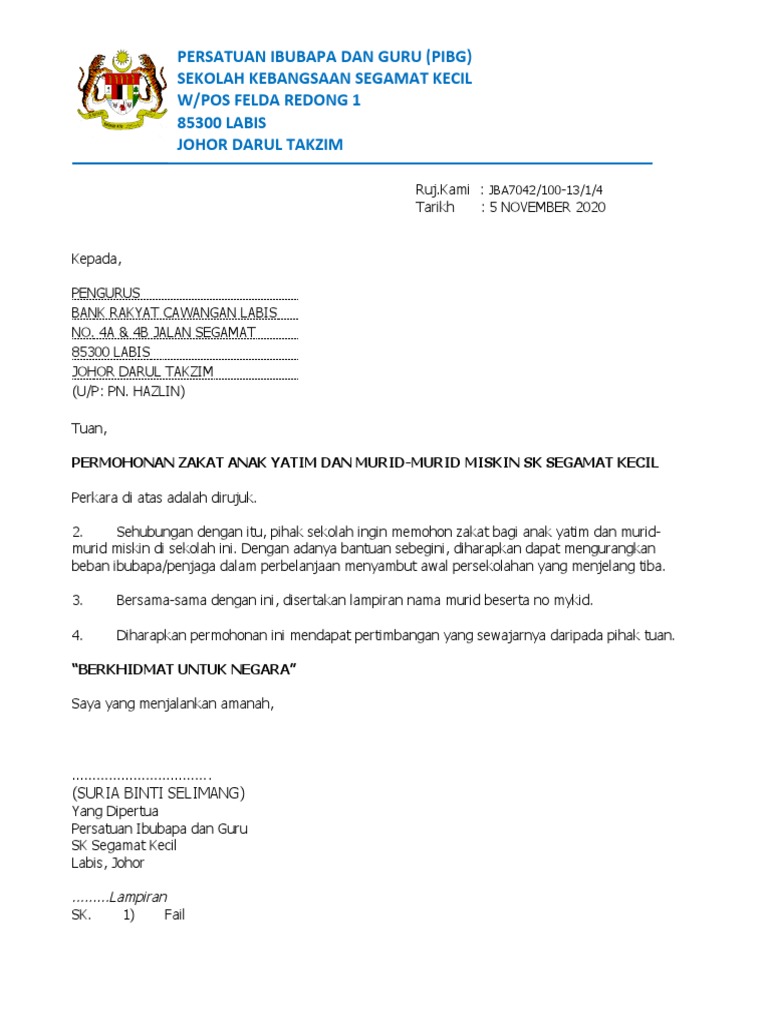 Surat Mohon Sumbangan Zakat Untuk Murid Miskin SKSK 2021 Pibg | PDF