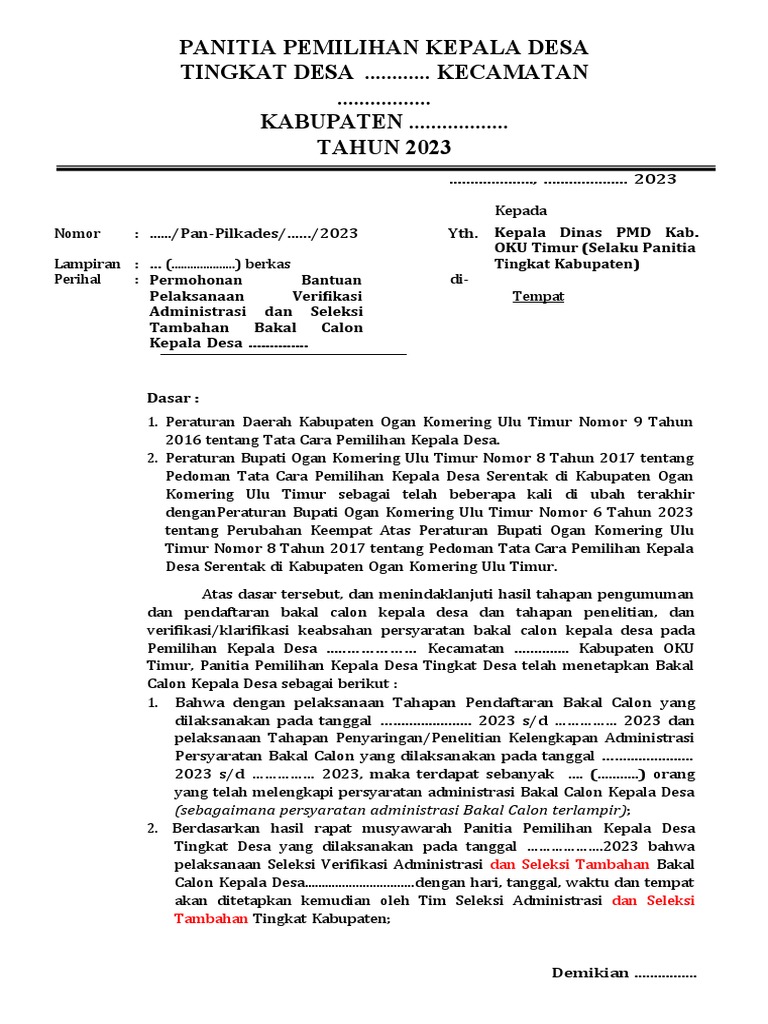 Format Surat Permohonan Verifikasi Dan Seleksi Tambahan Kepada Dinas PMD | PDF
