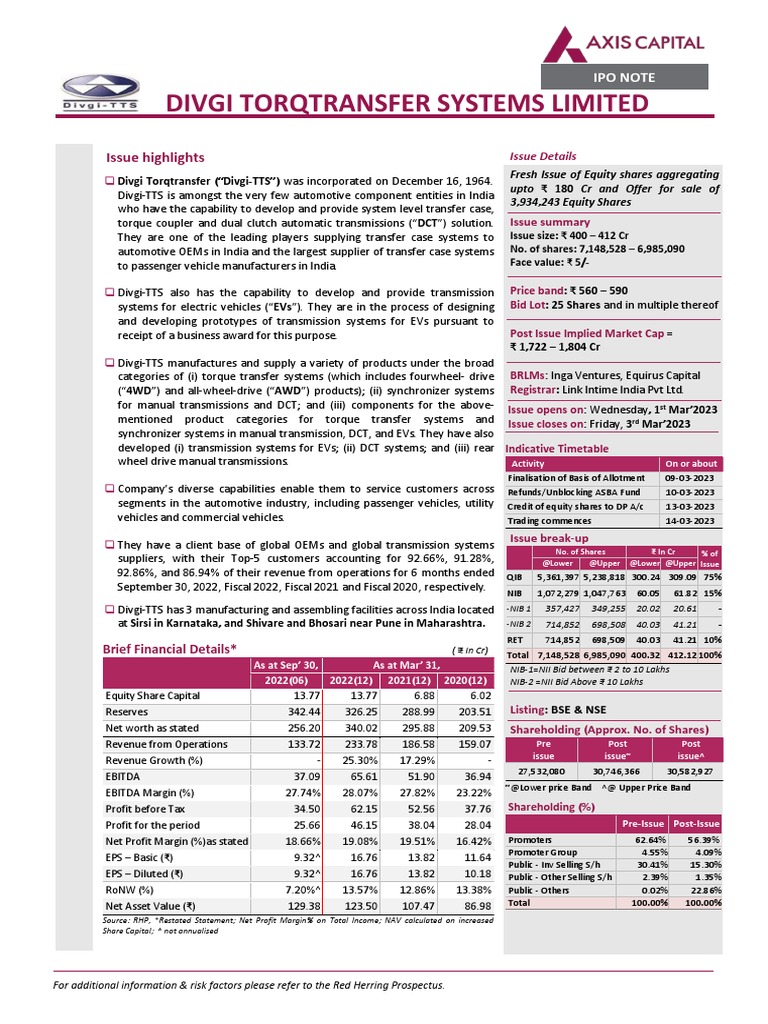 Divgi TorqTransfer Systems IPO Note Axis Capital PDF | PDF | Manual ...