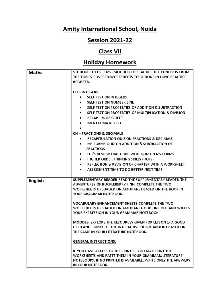 Holiday Homework - Class 7 | PDF