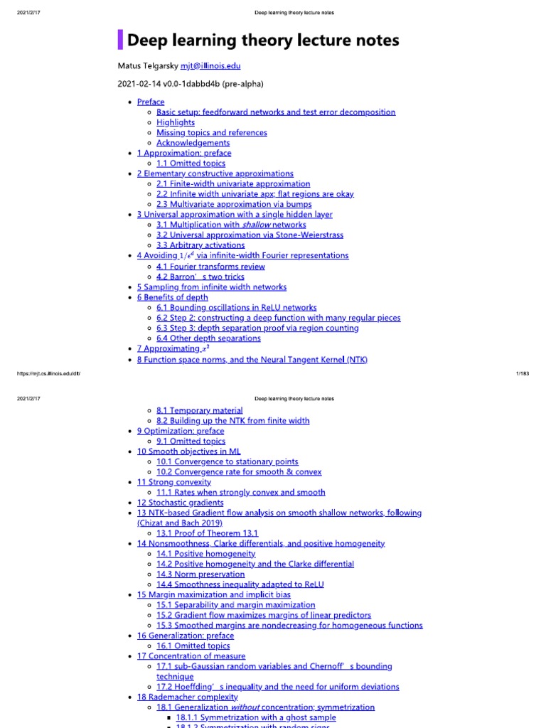 Deep Learning Theory Lecture Notes PDF | PDF