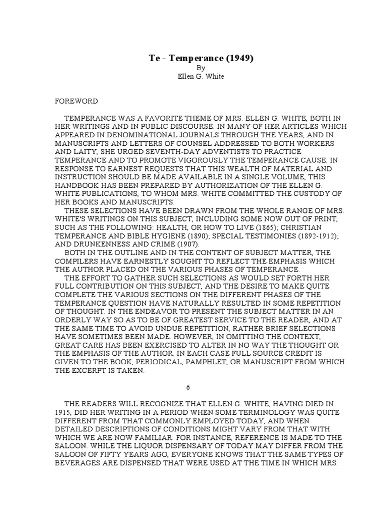 Ellen G. White on Temperance | PDF | Sanctification | God