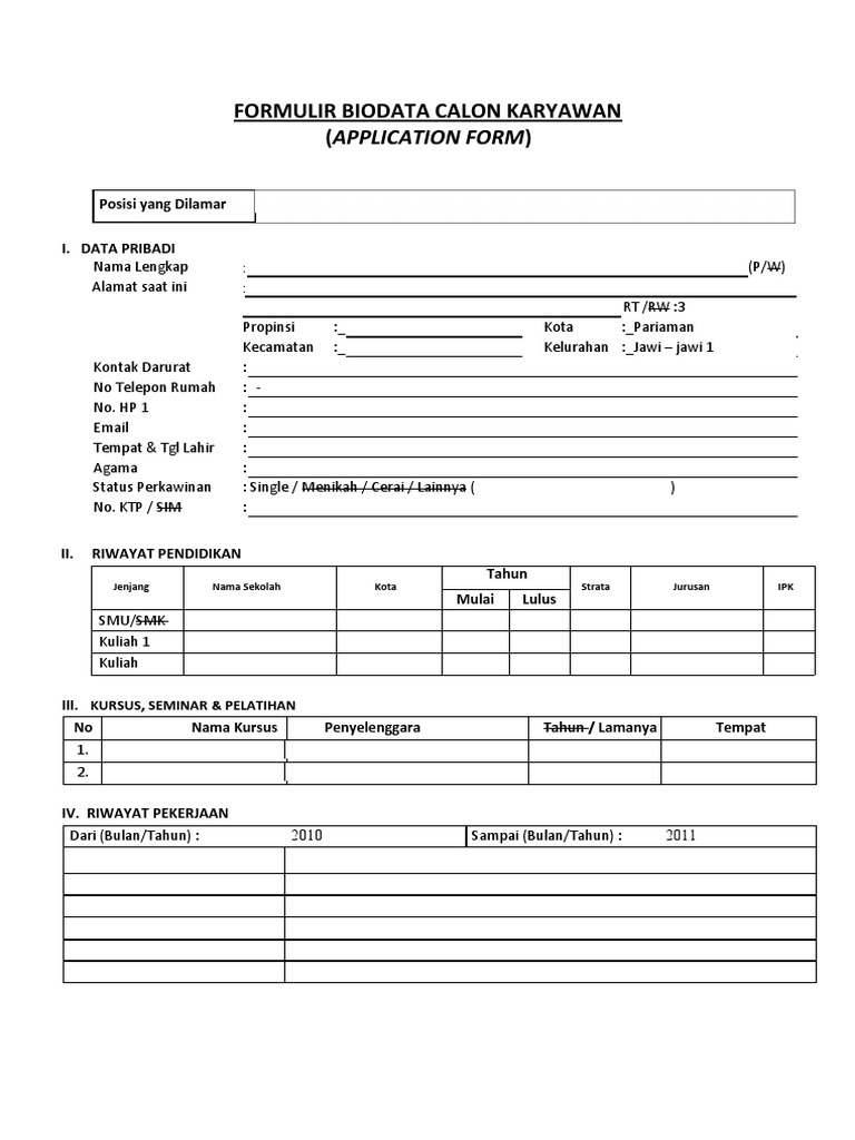 Formulir Biodata Calon Karyawan | PDF | Karier & Perkembangan
