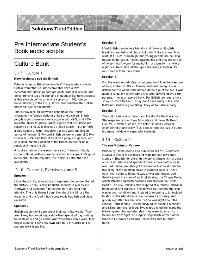 Solutions Third Edition Pre-Int Students Book Culture Bank Audio Script ...