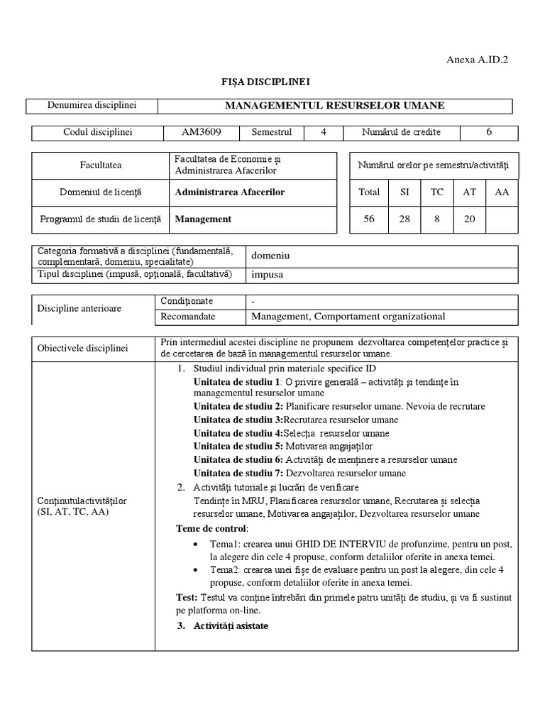 Fisa Disciplina - MRU - ID - An2 - 2022 - 2023 PDF | PDF
