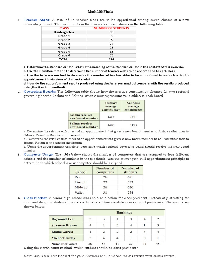 Math 100 Final Exam Apportionment Methods | PDF | Elections