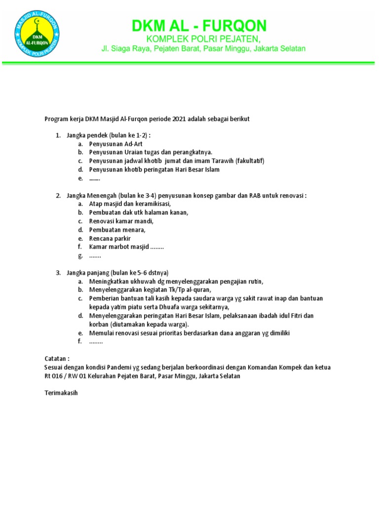 Program Kerja DKM Al-Furqon | PDF
