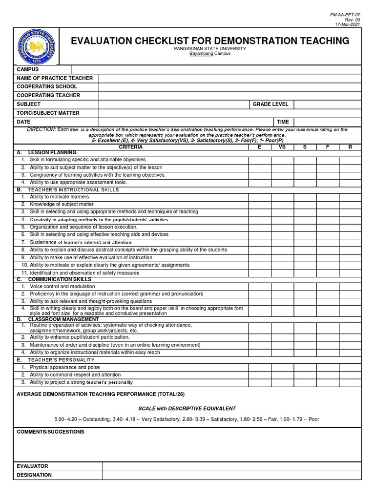 Teacher Evaluation Rating Sheet | PDF