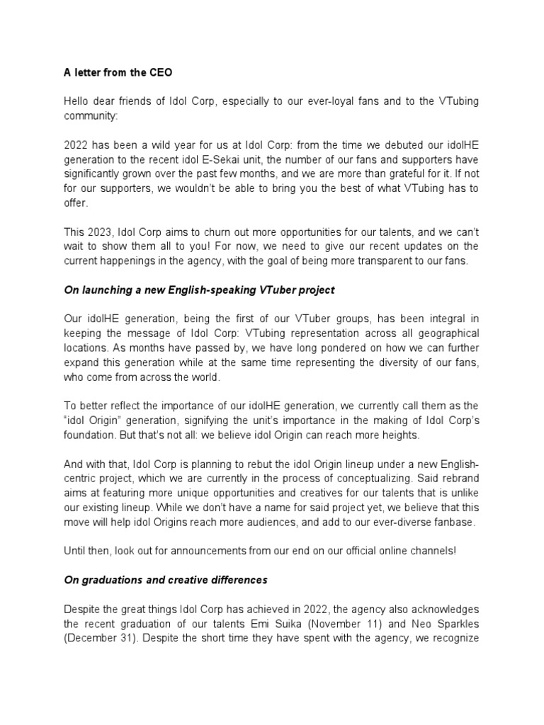 (REVISED) Idol Corp Public Letter | PDF | Career & Growth | Business