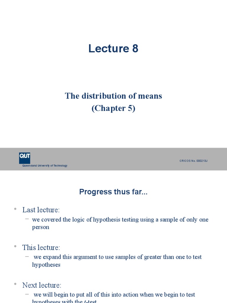 Pyb110 Lecture 8 2022 The Distribution Of Means Pdf 