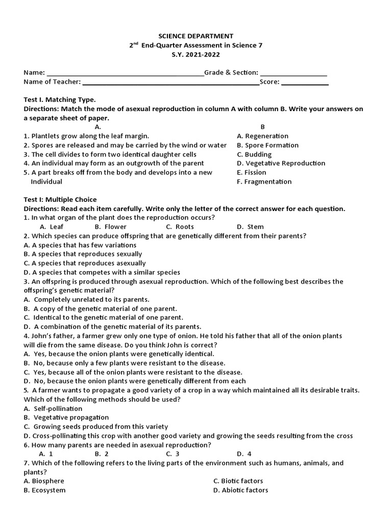7th Grade Ecosystems Mastery Test | PDF | Reproduction | Ecosystem