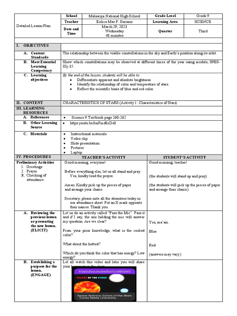 Characteristics of Stars Lesson Plan | PDF | Science & Mathematics