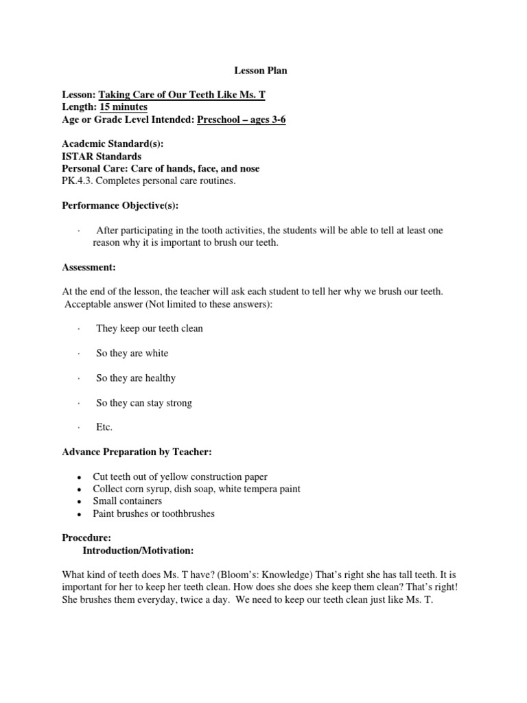 Healthy Teeth Lesson Plan PDF | PDF