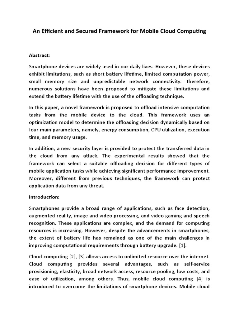 An Efficient And Secured Framework For Mobile Cloud Computing Pdf