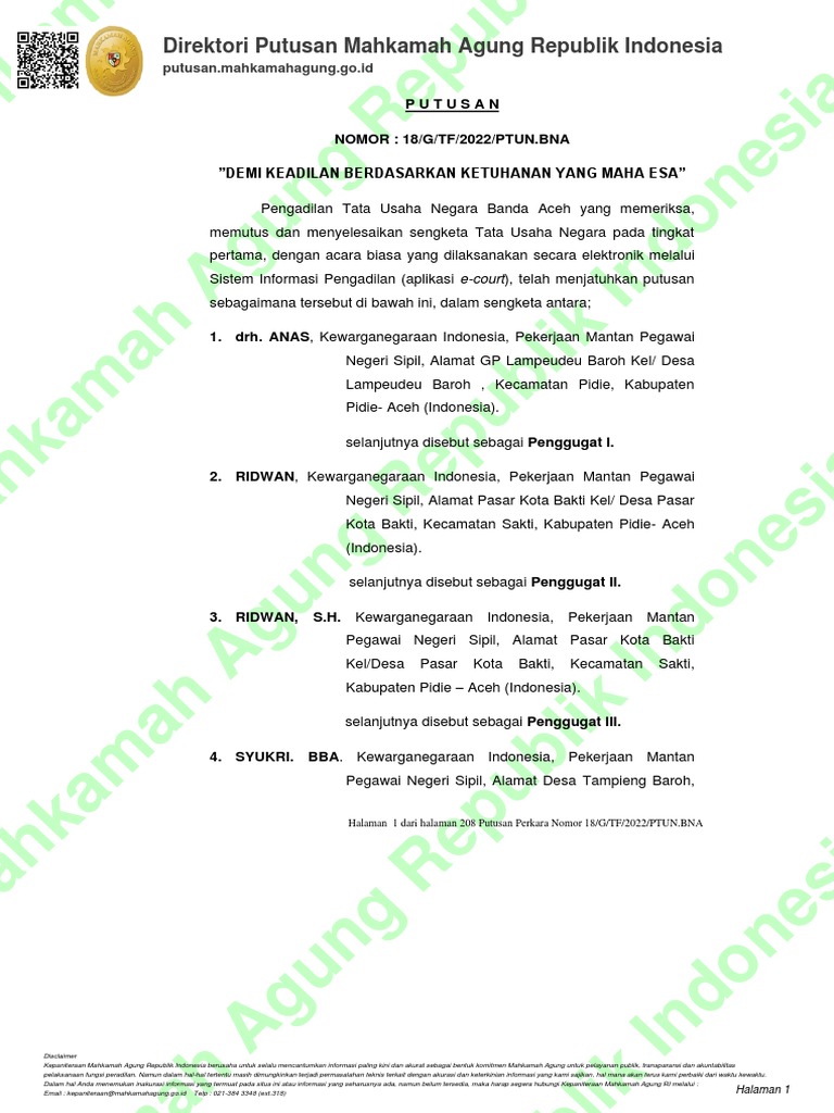 Putusan 18 G TF 2022 Ptun - Bna 20230507203618 PDF | PDF
