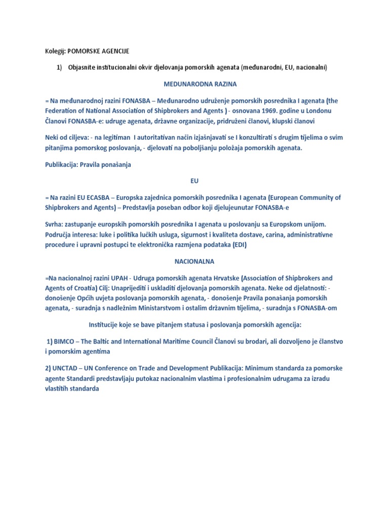 Pomorske Agencije Ispitna Pitanja I Odgovori Za I Kolokvij | PDF
