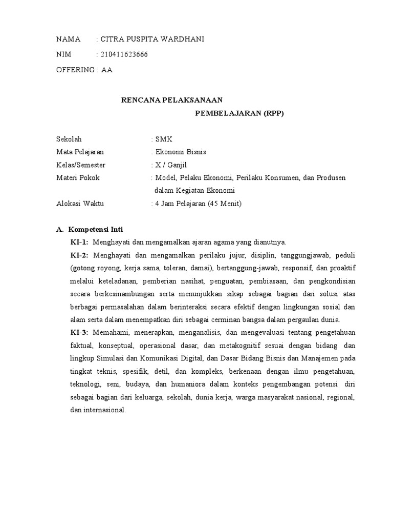 RPP Ekonomi Bisnis Kelas X SMK | PDF | Karier & Perkembangan | Komputer