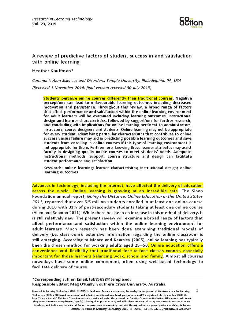 Kauffman (2015) - A Review of Predictive Factors of Student Success | PDF