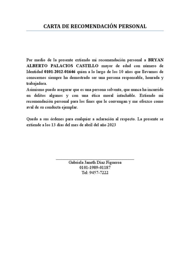 Recomendación Personal para Bryan Palacios | PDF | Relaciones ...