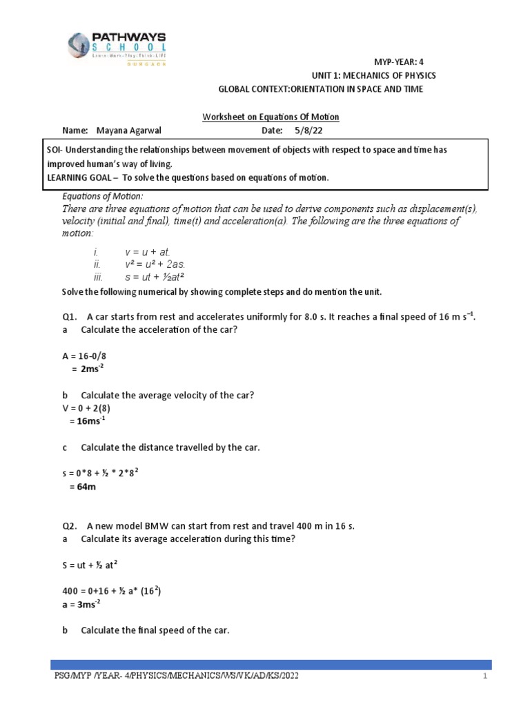 Equations of Motion: Solving Problems Involving Displacement, Velocity, Acceleration, and Time ...