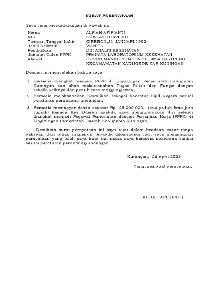 Format Surat Pernyataan Denda PPPK | PDF