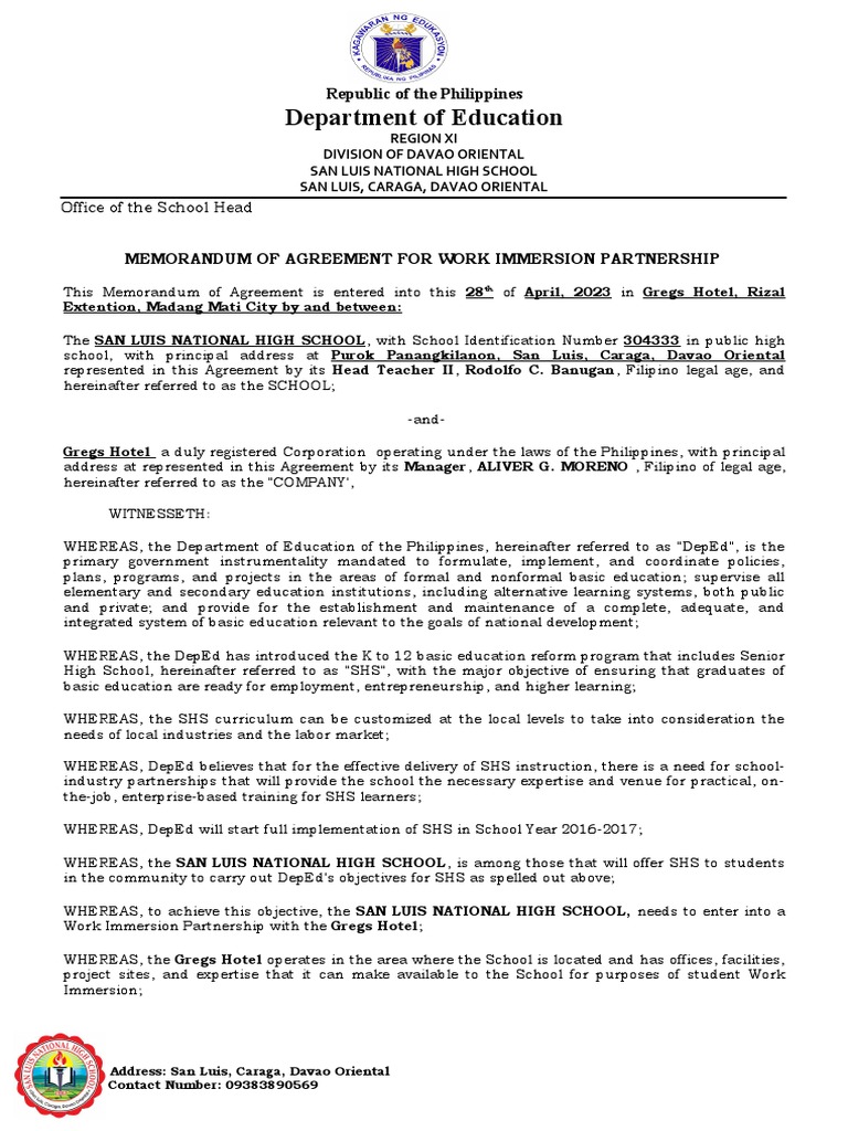 MOA FOR WORK IMMERSION 2023 | PDF