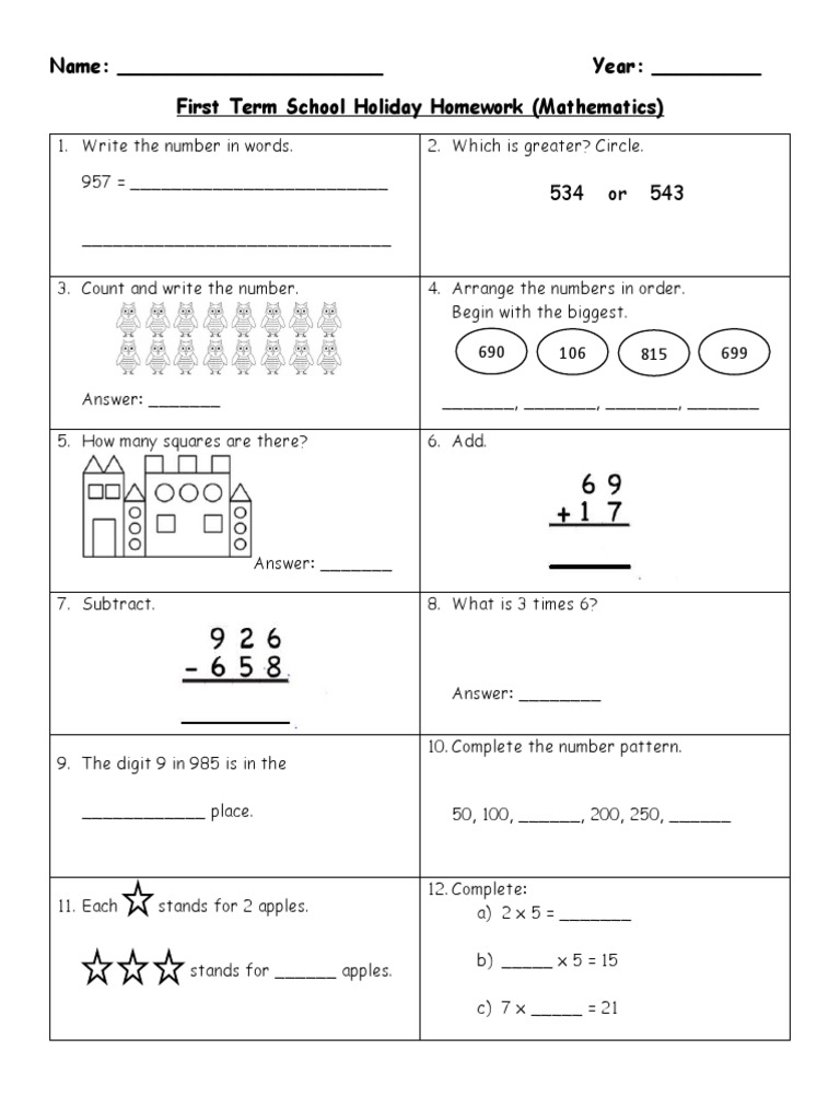 1st Term Holiday Homework Maths | PDF