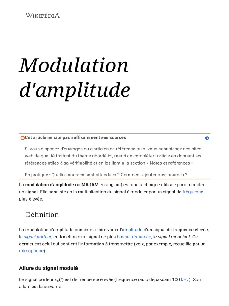 Modulation D'amplitude - Wikipédia PDF | PDF | Électrotechnique | Ingénierie des télécommunications