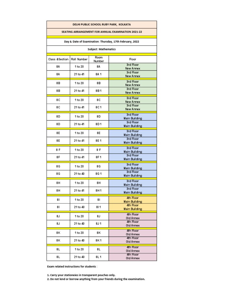 Seating Plan For CL 8 Annual Exam 17 2 22 1 PDF | PDF | Schools ...