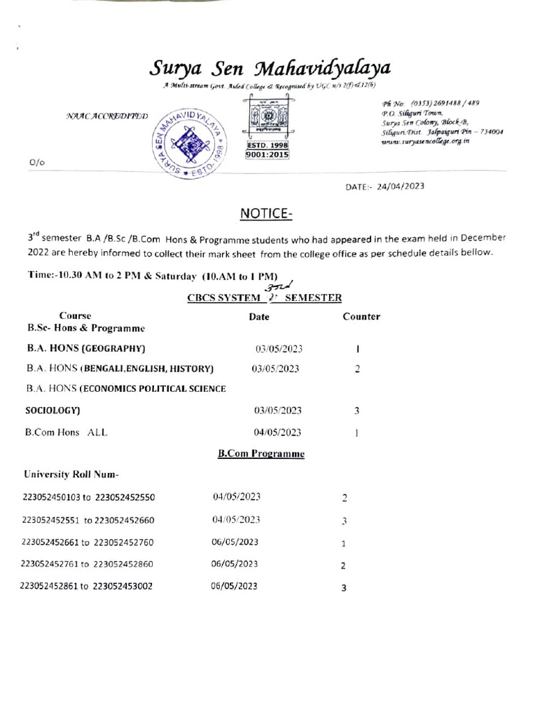 Surya Sen Mahavidyalaya: Notice | PDF | Vocational Education ...