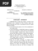 Sample Complaint Affidavit For Violation of RA 9262 | PDF | Marriage | Complaint